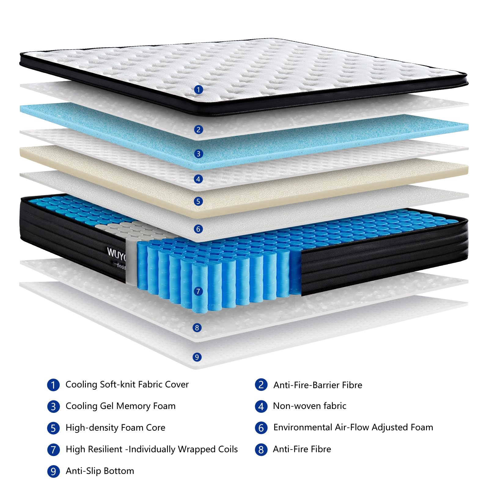 WUYOTRE Queen Mattress, 12 Inch Queen Size Hybrid Mattress in a Box,Cooling Memory Foam Bed Mattresses with Independent Spring,Soft and Breathable,Back Pain Relief,CertiPUR-US,Medium