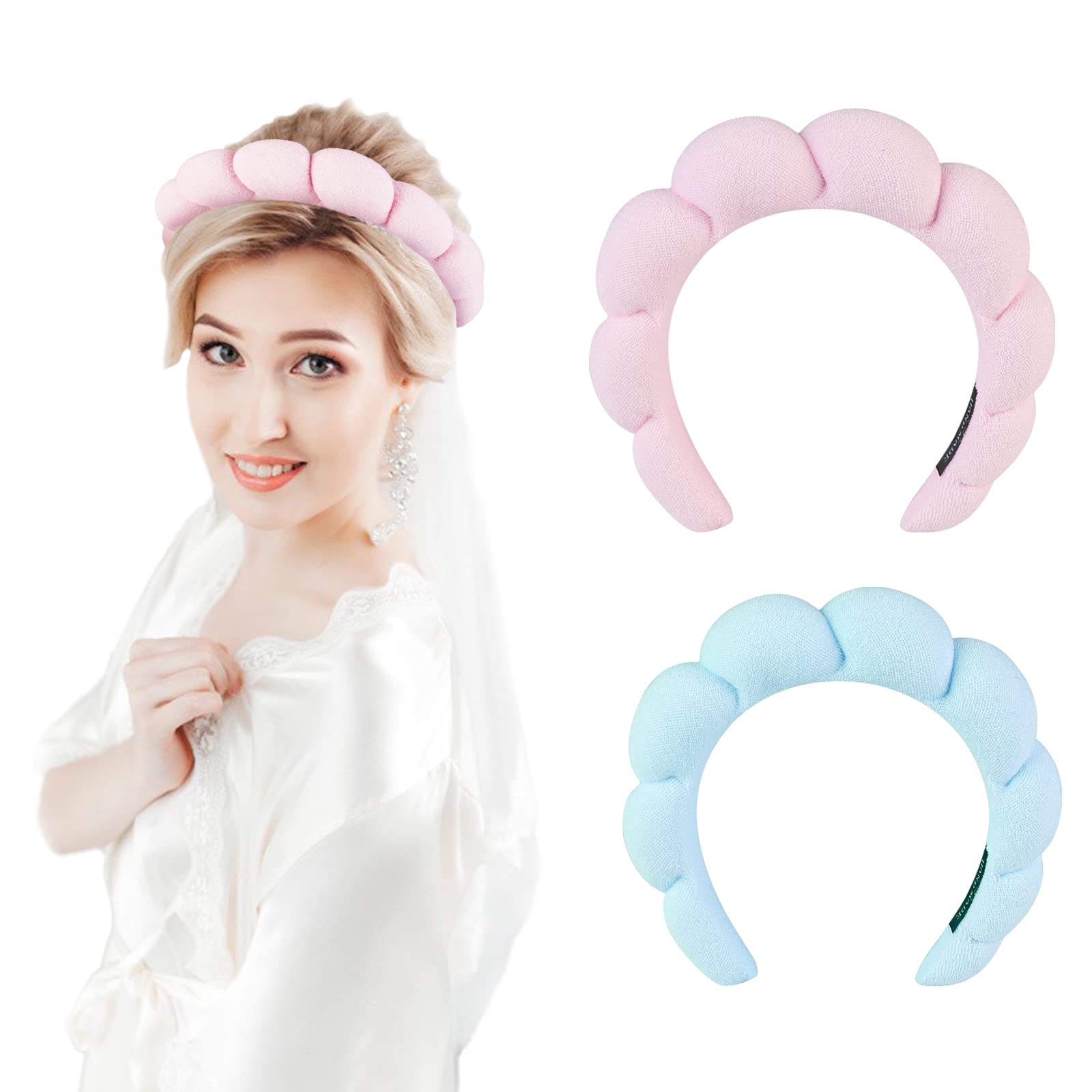 Spa Headband for Women, 2 Pack Makeup Headband Sponge Spa Headband Hair Band Accessories for Spa Face Washing Makeup Shower, Blue and Pink