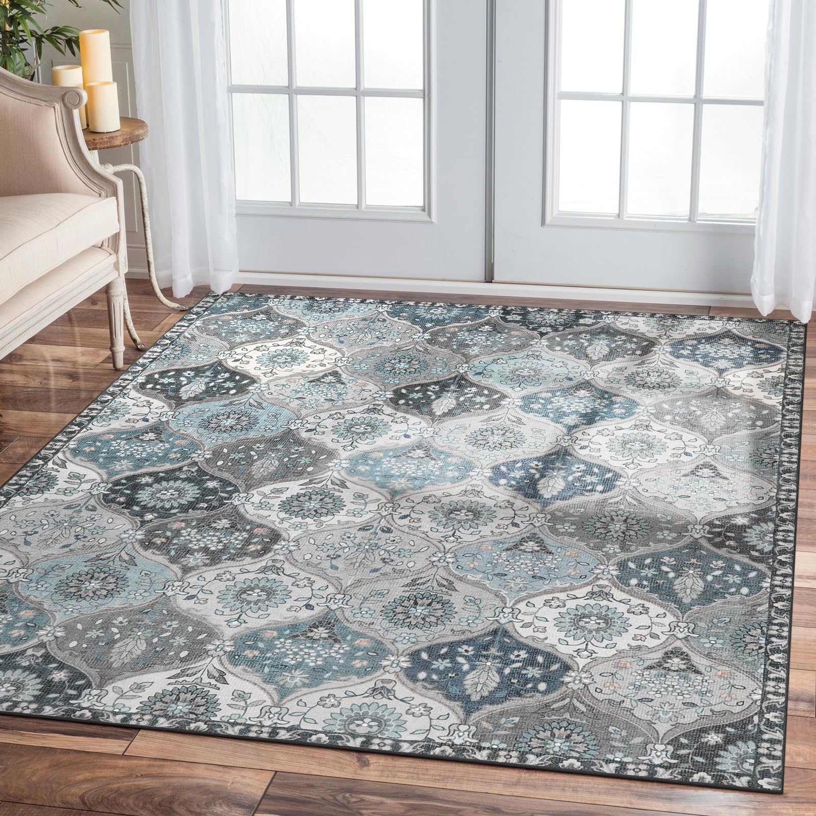 Lahome Moroccan 6x9 Area Rugs for Living Room,Ultra-thin Carpet for Bedroom Soft Blue Rug, Oriental Machine Washable Rug Distressed Non Shedding Throw Rug for Dining Room Office (6x9ft,Blue)
