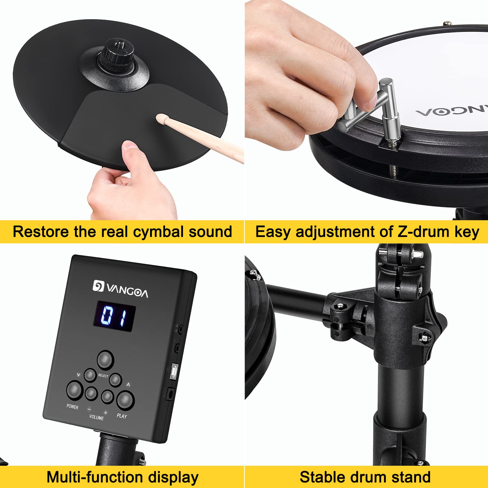 Vangoa Electronic Drum Set Junior Electric Drum Kit for Kids Beginner with 210 Sounds, Electric Quiet Mesh Drum Set with Heavy Duty Pedals, USB MIDI Connection and Drum Sticks, Black (New Upgraded)