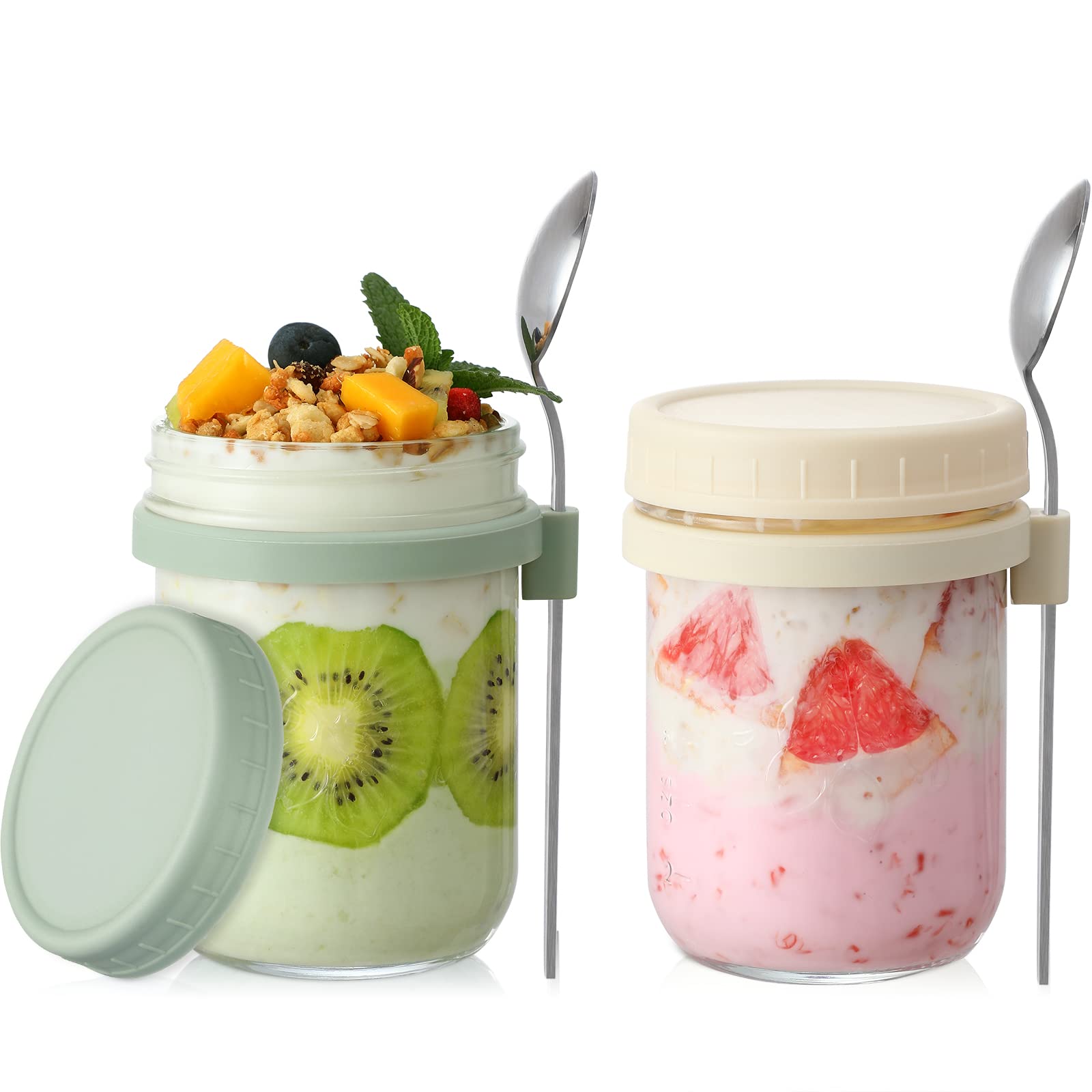 LANDNEOO 2 Pack Overnight Oats Containers with Lids and Spoons, 16 oz Glass Mason Jars for Overnight Oats, Large Capacity Airtight Jars for Milk, Cereal, Fruit (Beige+Green)