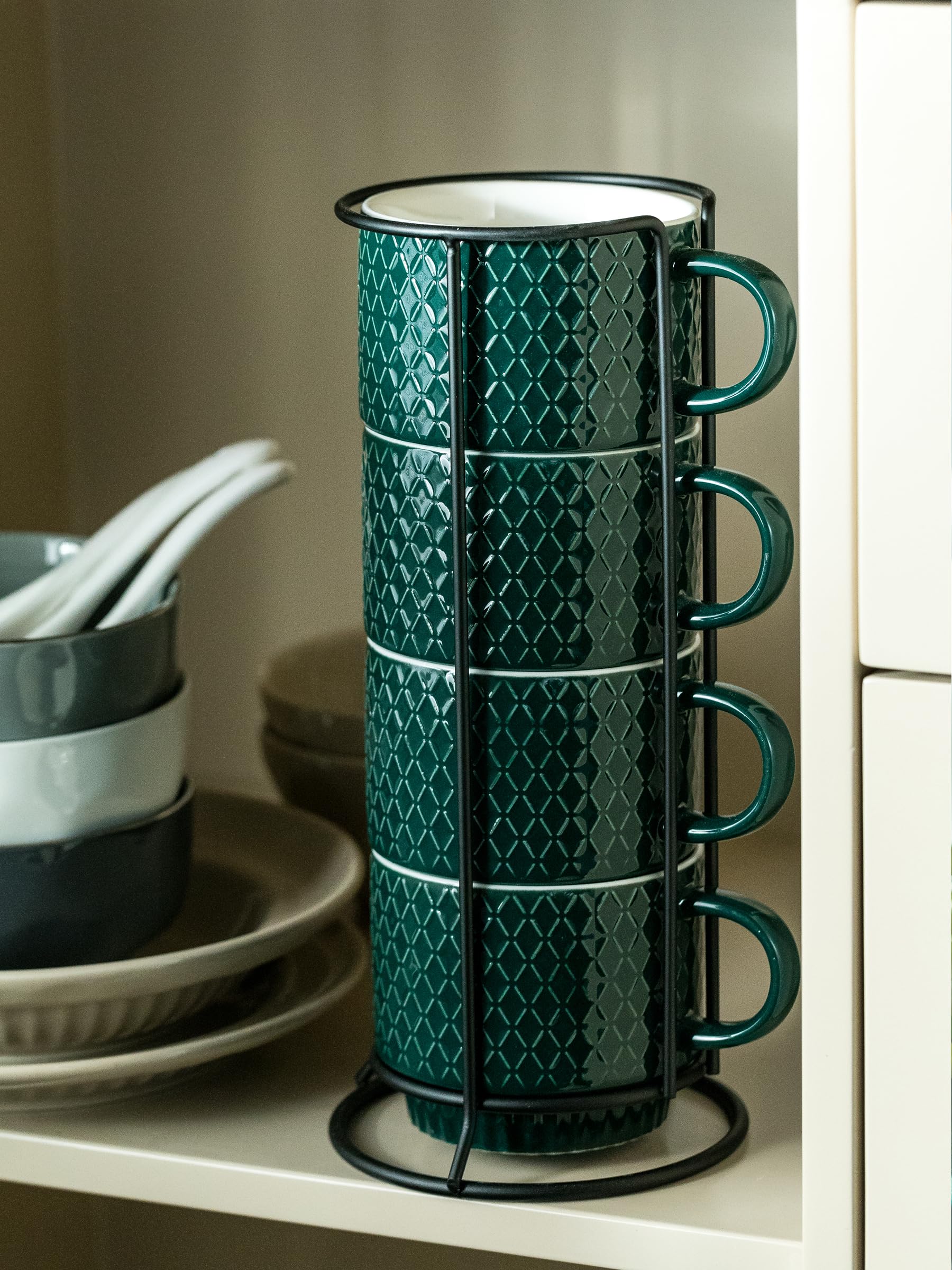 LYEOBOH Coffee Mug Set Porcelain Stackable Coffee Mugs with Stand and Spoons, 13 OZ. Cappuccino Cup Demitasse Cups for Drinks, Espresso, Latte,Set of 4, Dark Green