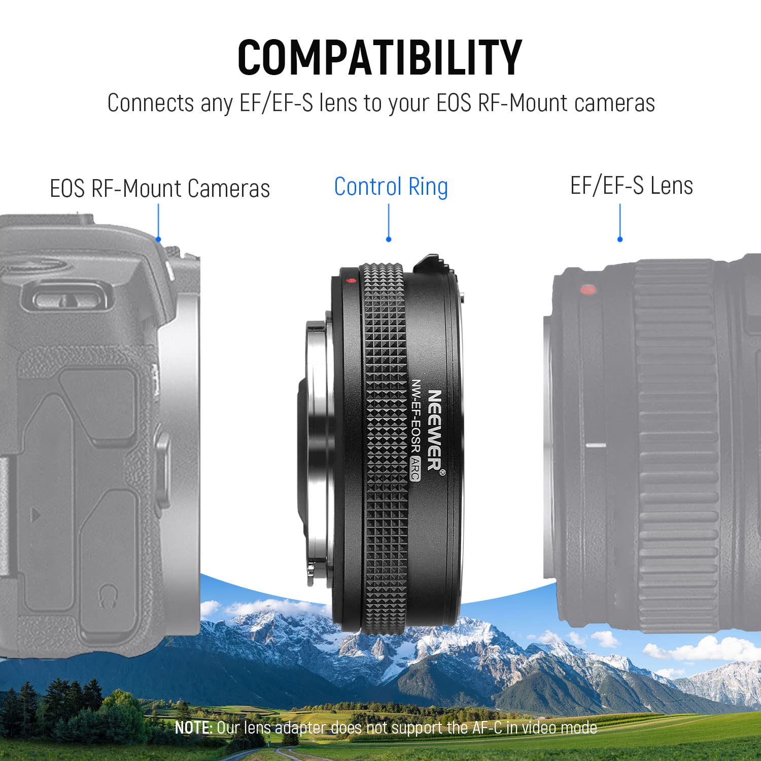 NEEWER EOS EF to RF Lens Adapter, Auto Focus Lens Mount Adapter with Control Ring, Compatible with Canon EF/EF-S Lens EOS R EOS Ra EOS RP EOS R5 EOS R6 EOS R3 - NW-EF-EOSR ARC, Max Load: 4.4lb/2kg