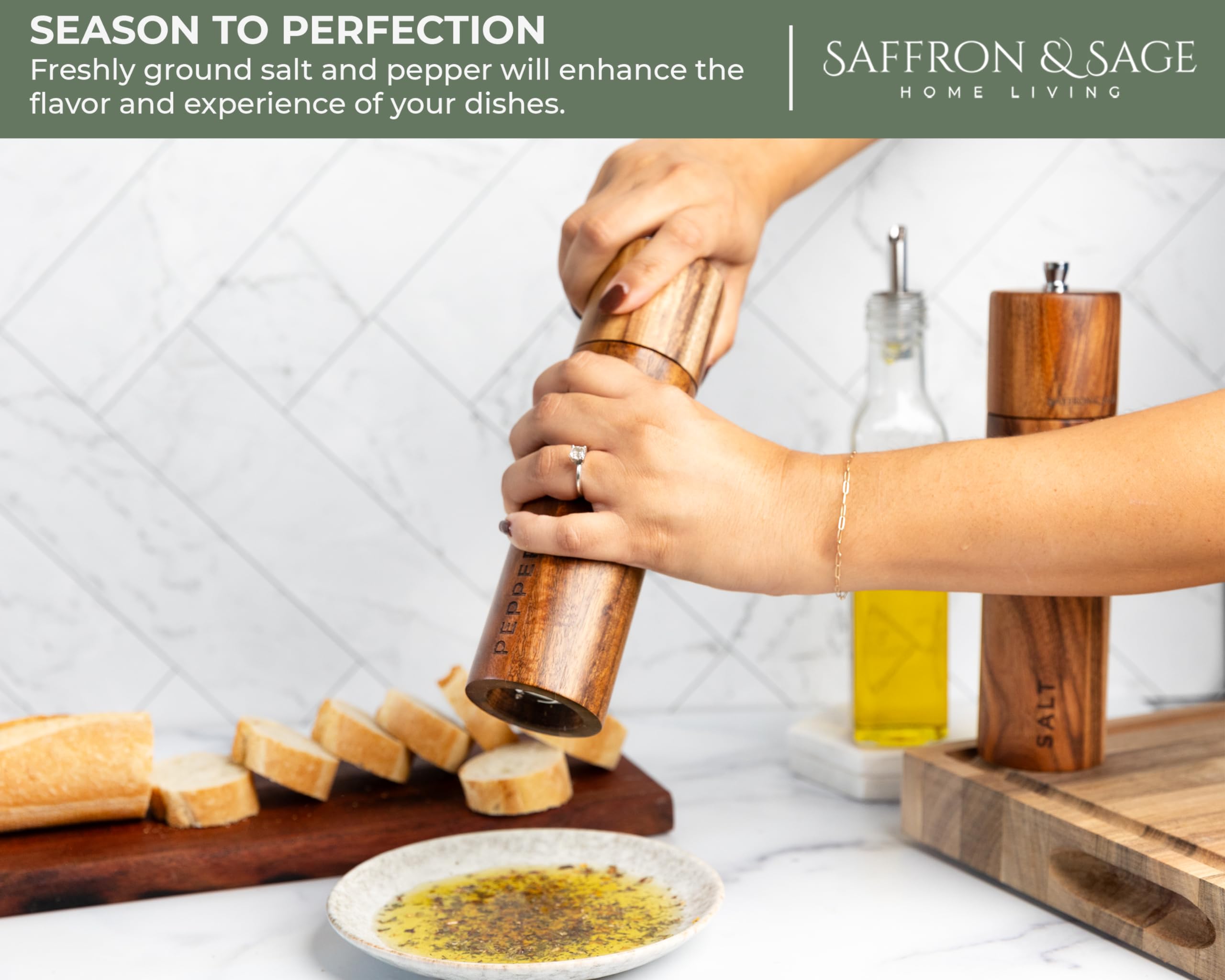Saffron & Sage Premium Acacia Wood Salt and Pepper Grinder Set of 2-8β Tall Salt and Peppercorn Mill with Adjustable Coarse Settings, Rust Resistant, Smooth and Quality Grinding Mechanism