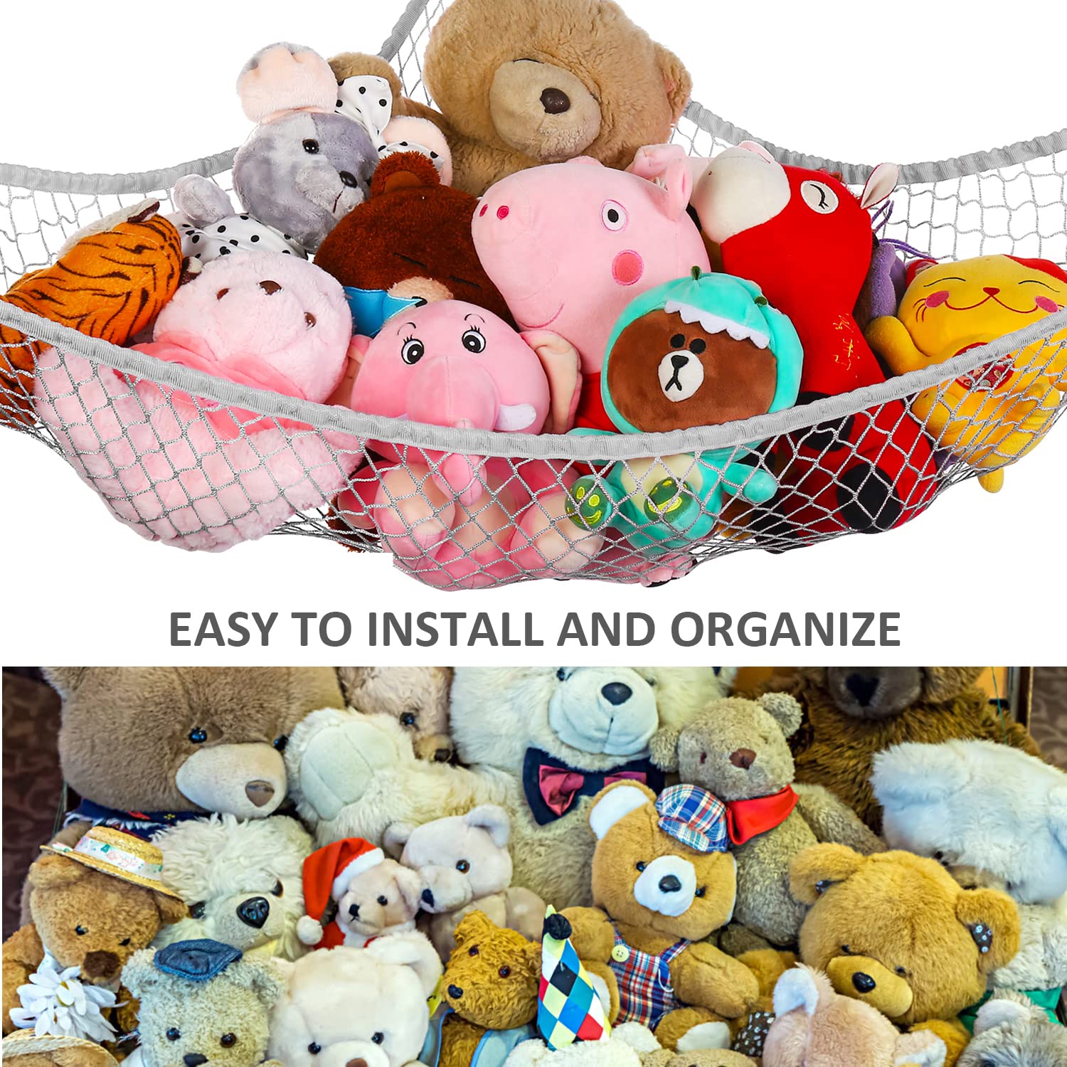Net for Stuffed Animals, Meirenda Stuffed Animal Hammock or Net Jumbo Stuffed Toy Net Storage Organizer Kids Sling Corner Wall Mesh Toy Hammock for Stuffed Animals (Gray, 70 inch)