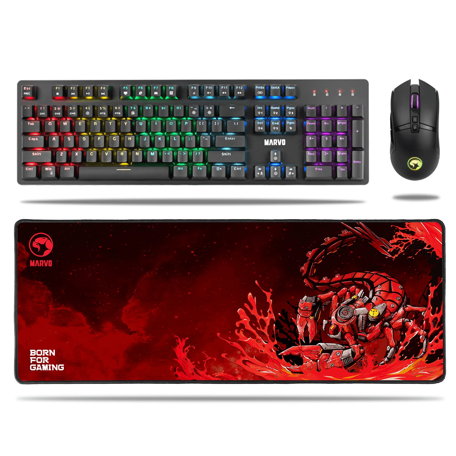 MARVO CM372 Mechanical Keyboard and Mouse Combo RGB Gaming 104 Keys Blue Switches Wired USB Keyboards with Gaming Mouse Pad, 6400 DPI Programmable Mouse with 7 Buttons for PC Gamer Computer Laptop