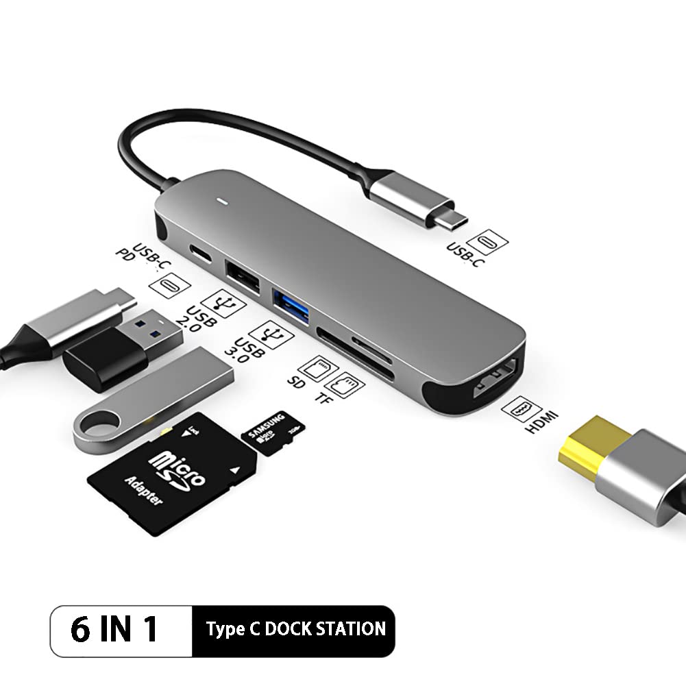 USB C Hub,USB-C Laptop Docking Station,6 in 1 Type C Adapter Compatible for MacBook and Windows(HDMI PD3.0 SD TF Card Reader USB Ports)