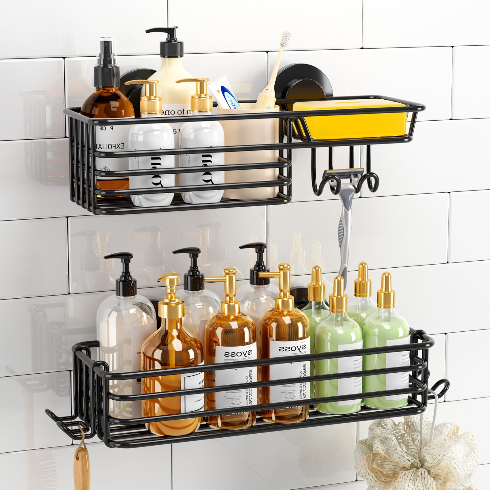 LEVERLOC Shower Caddy Suction Cup, 2 Pack Shower Shelves for Inside Shower with Hooks & Soap holder, NO-Drilling Bathroom Shower Organizer, Rustproof Stainless Steel Shower Holder Storage, Black