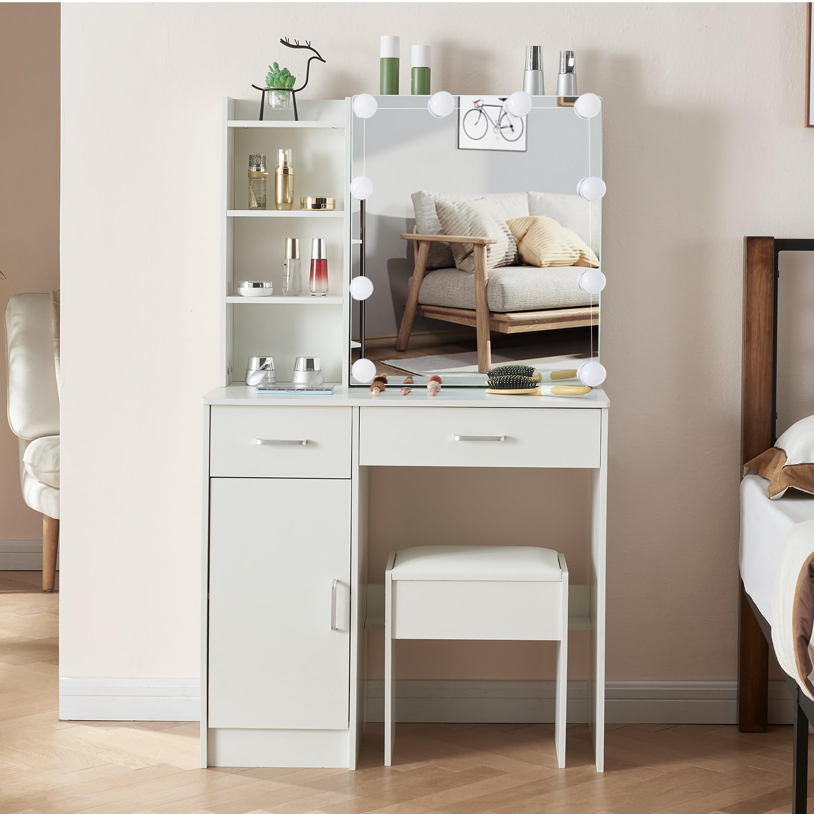 Large 35.4inch(L) Girls Vanity Desk with Lighted Mirror and Cushioned Stool, Makeup Vanity with 6 Storage Shelves, Drawers and Large Cabinet, 3 Lighting Modes Vanity Set for Bedroom