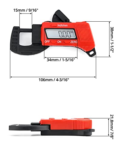 QWORK Thickness Gauge Measuring Tool, 0-12 mm (0.5") Digital Thickness Caliper Micrometer, Red