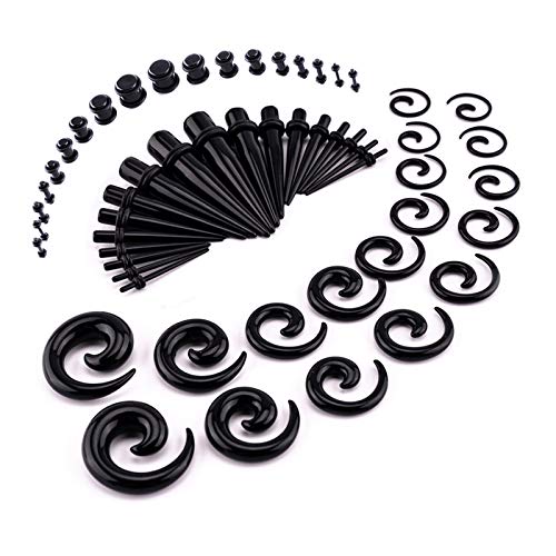 LLGLTEC Ear Stretching Kit 54 Pieces 14G-00G Ear Gauges Expander Set Acrylic Tapers and Plugs & Silicone Tunnels Body Piercing Jewelry Set (Black)
