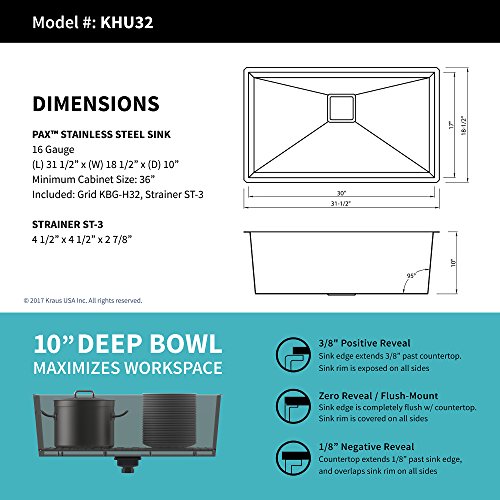 Kraus KHU32-2620-41CH 31 ½ Inch Chrome Combo with Pax Zero-Radius Handmade Undermount Bowl 16 Gauge Stainless Steel Sink and Oletto Single Handle Pull Down Kitchen Faucet with Soap Dispenser