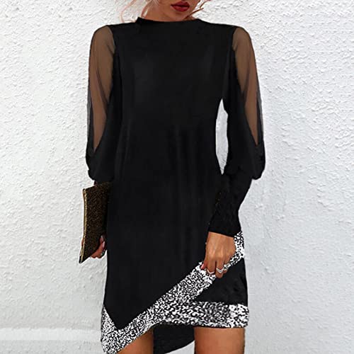 Pinkpaopao Solid Color Cross Asymmetrical Dress Women's Black Crewneck Splicing Mesh Balloon Sleeve Party Dress