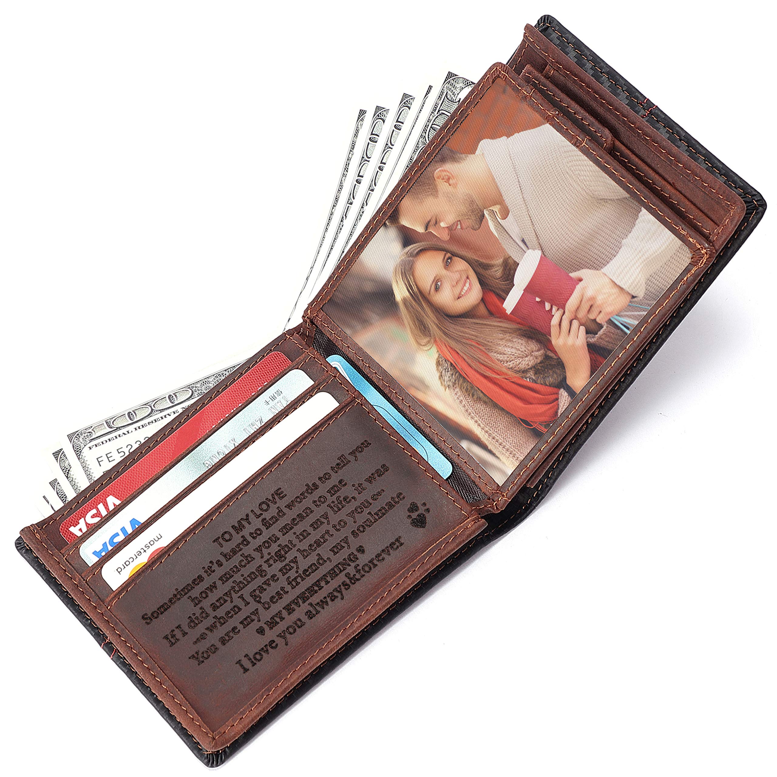 Personalized Engraved Leather Wallet for Boyfriend Husband from Wife Girlfriend - Christmas Anniversary Valentines Day Birthday Wedding - I Love You - Men Custom Bifold Wallets with Romantic Message