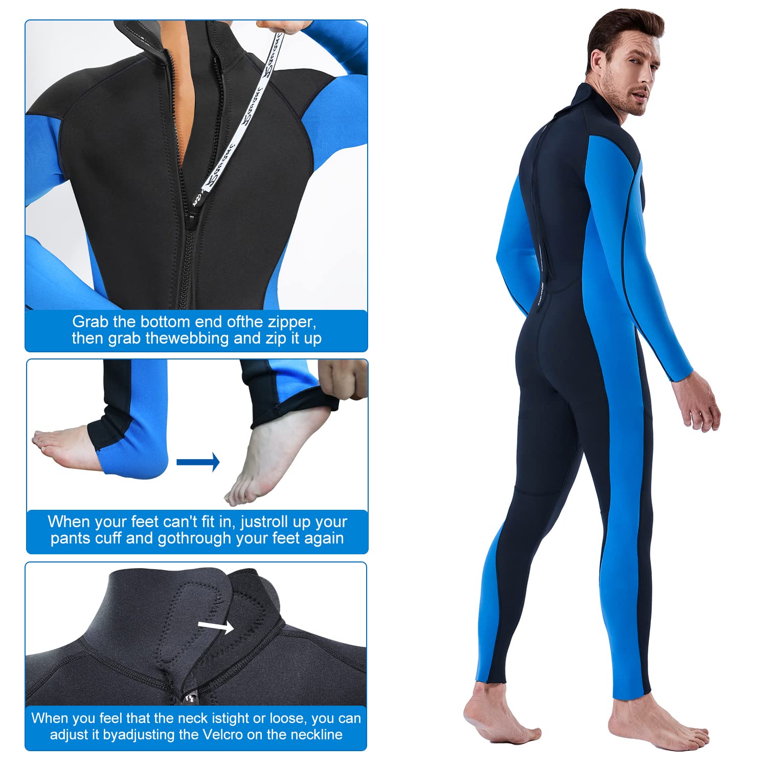 RAVANI Wetsuits for men,3mm wet suits for men in cold water in blue and black,mens wetsuit for diving, surfing, snorkeling and kayaking, Neoprene for keep warm