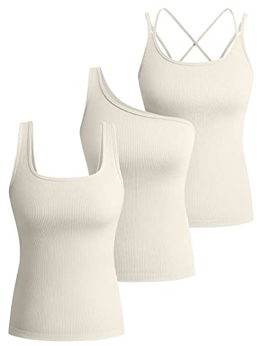 OQQ Women's 3 Piece Tank Tops Ribbed Seamless Workout Exercise Shirts Casual Vest Sleeveless Tops Beige