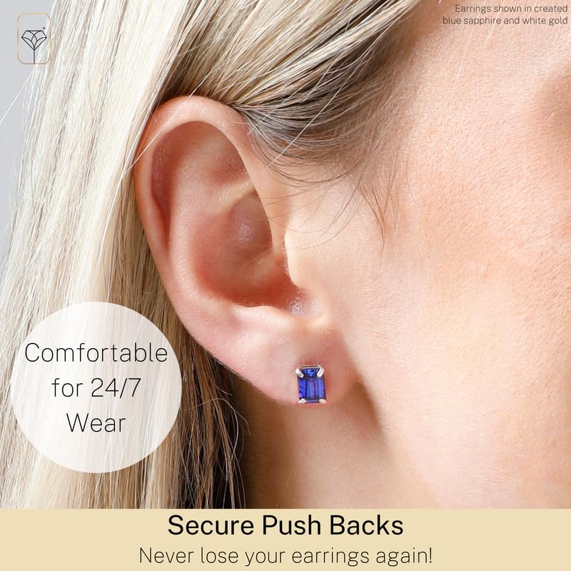 MAX + STONE 14k White Gold Solitaire Blue Aquamarine Emerald Cut Stud Earrings for Women | 7x5mm March Birthstone