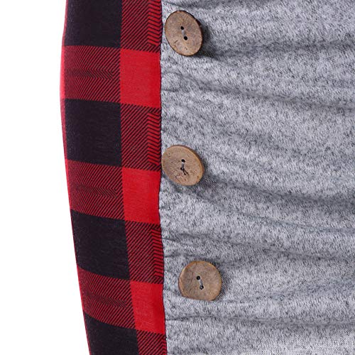 Pinkpaopao Splicing Plaid Printed Dress for Women Long Sleeve Button Decoration Mini Dress Ruched Drawstring Wrap Dress