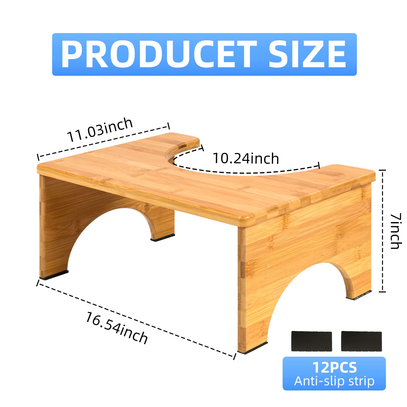 MPINOI Toilet Stool，7 Inch Potty Stool for Adults，Foldable Squatting Toilet Stool for Bathroom，Bamboo Toilet Stool Adults, with 12pcs Anti Slip Strip, 450 lbs Capability(7" Natural Color)