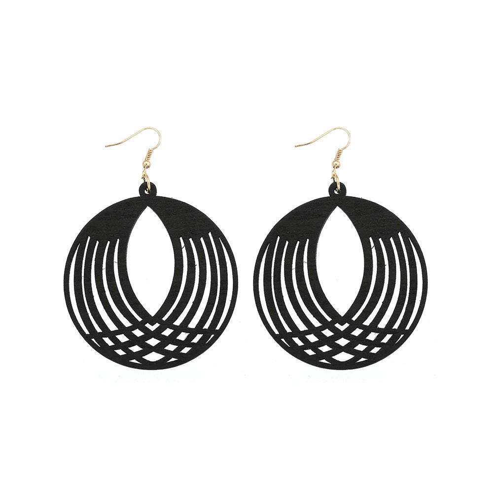Large Lightweight Black Wood Criss-Crossed Circle Drop Earrings