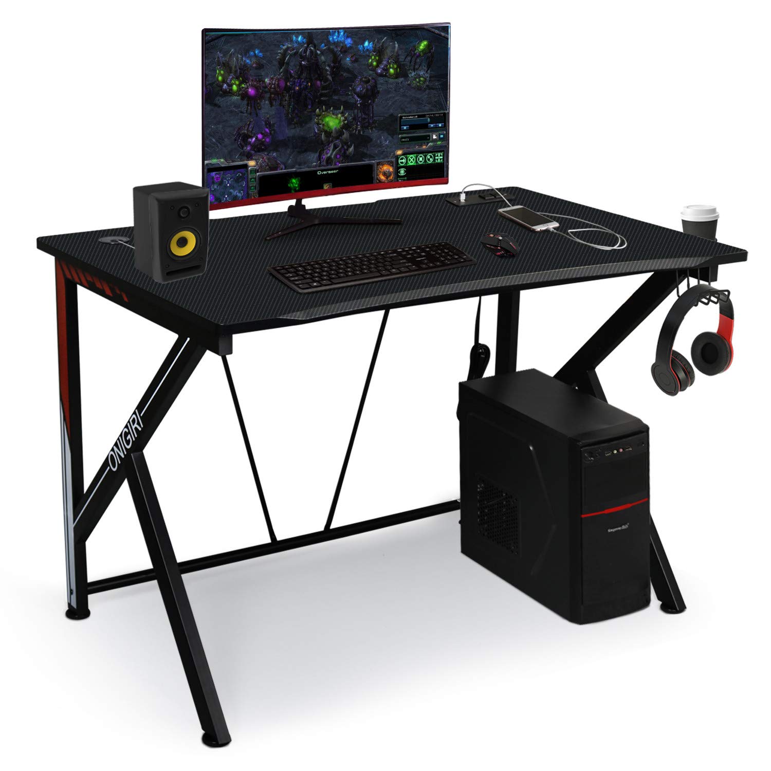 LYNSLIM Gaming Desk Computer Table 45.66" Large E-Sports Home Computer Desk with Multi-Function Socket Large Carbon Fiber Surface,Heavy Duty Construction for Home or Office Workstation Game Table