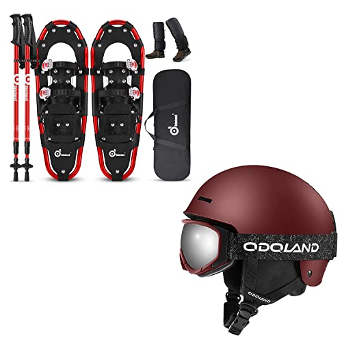 Odoland Bundle - 2 Items 4-in-1 Snowshoes with Trekking Poles, Red, S and Ski Snow Helmet with Ski Goggles