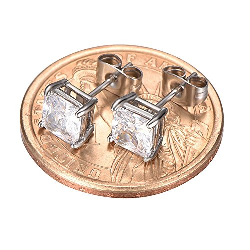 LIEBLICH Princess Cut Cubic Zirconia Stud Earrings Stainless Steel Square Earrings Set 4 Pairs 3mm-6mm (Silver)