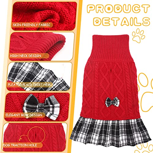 Weewooday 2 Pieces Dog Sweater Plaid Dress Turtleneck with Bow Tie Cold Weather Sweater Pet Sweater Pullover Knitwear Puppy Sweater for Fall Winter Red and Gray (Medium)
