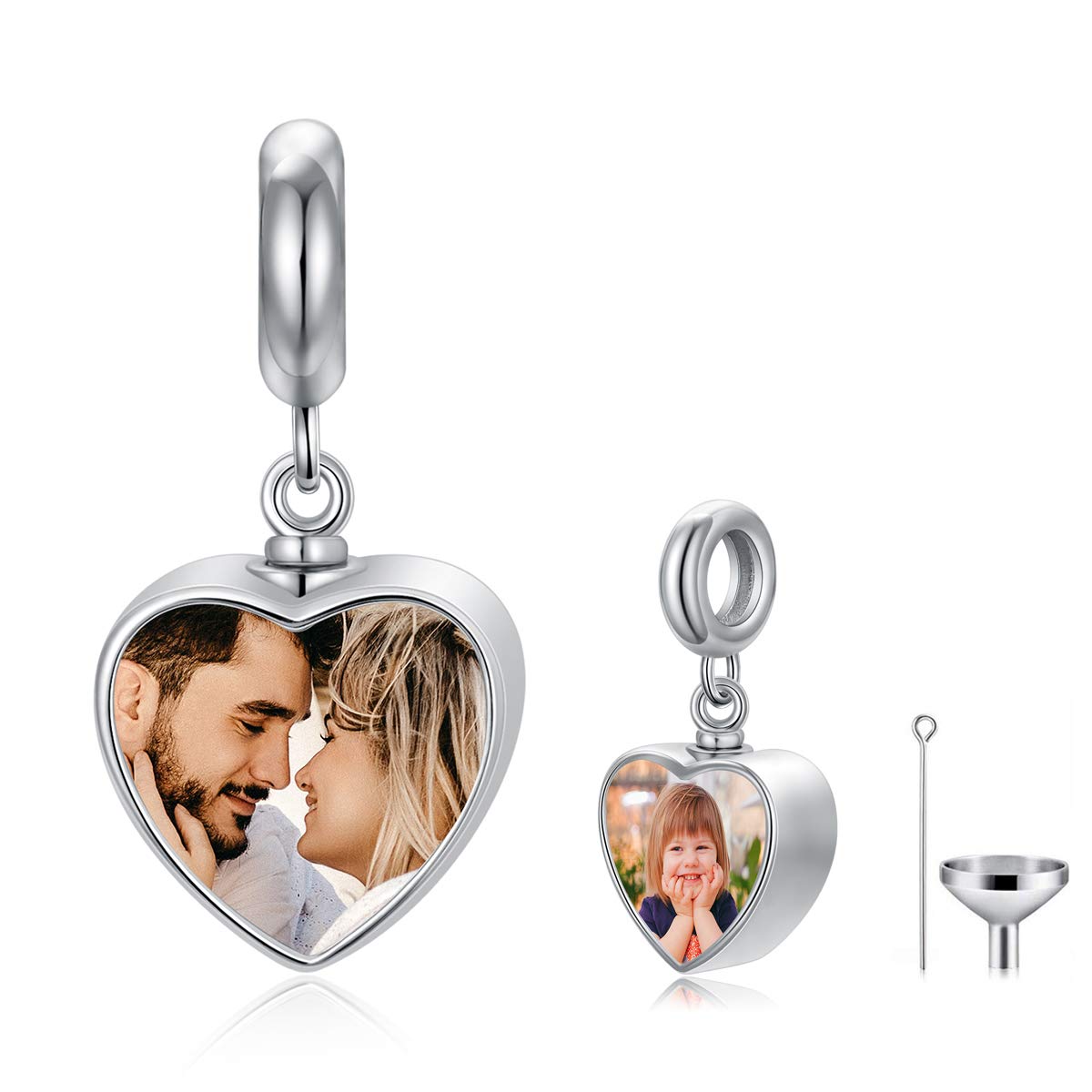 Personalized Heart Photo Cremation Urn Charm for Ashes Silver Custom 2 Picture Image Bead Fit Snake Bracelet Keepsake Memorial Locket for Women Mom (Double Love-2 Photos)