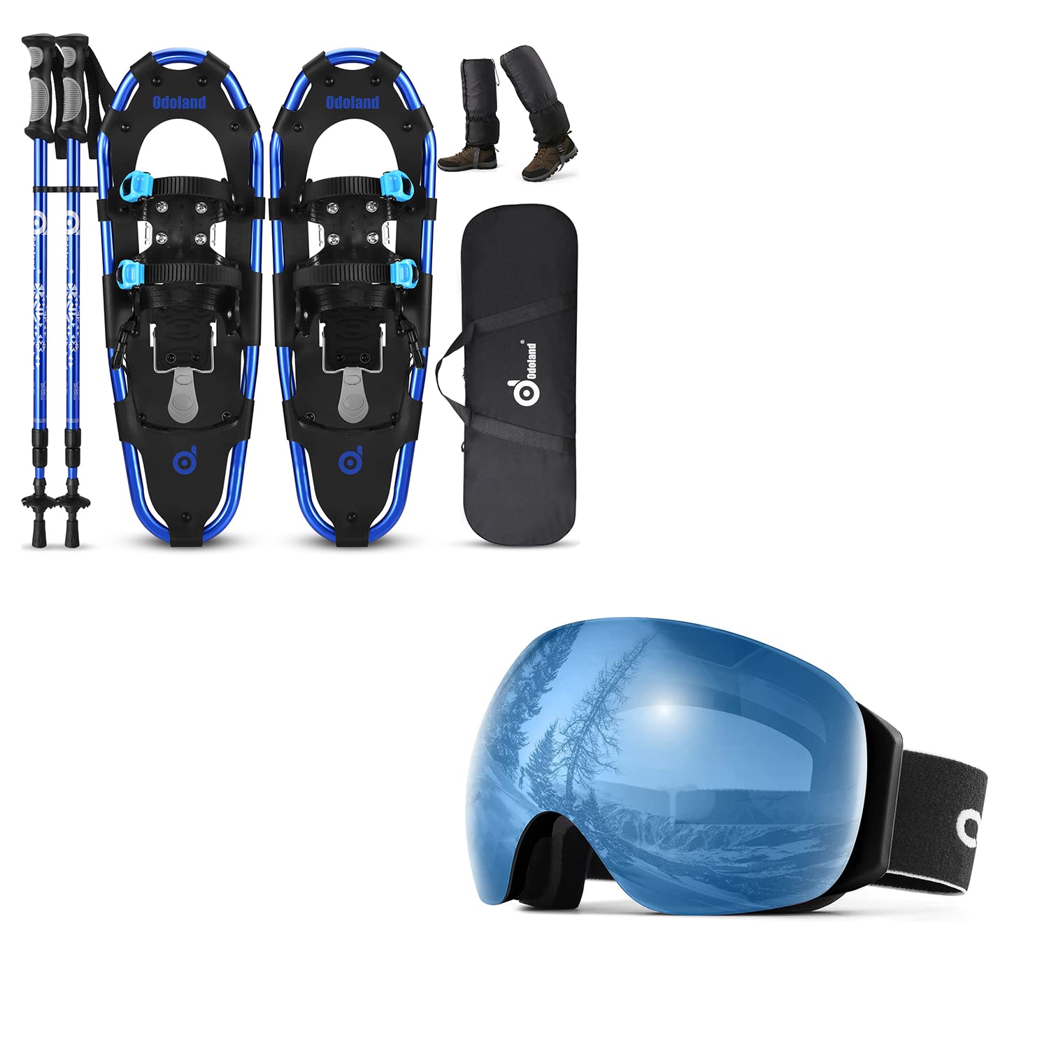 Odoland Bundle - 2 Items 4-in-1 Snowshoes with Trekking Poles, Blue, S and Detachable Magnetic Snow Ski Goggles Black Frame Blue Lens VLT 47%