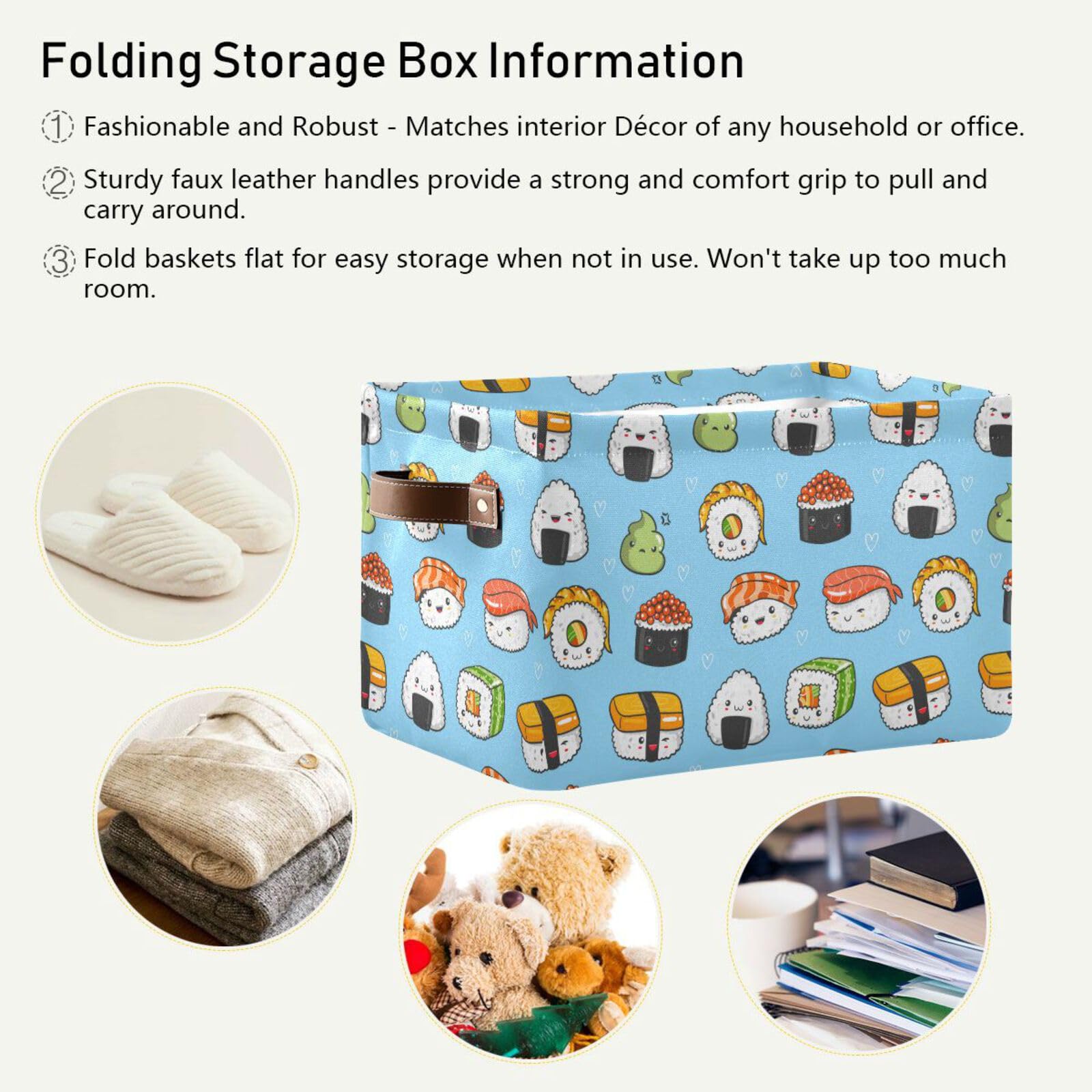 YEGAME Storage Basket Sushi Rectangular Collapsible Canvas Shelves Storage Bins with Leather Handles for Shelves Home Closet Bedroom Living Room, 1Pack