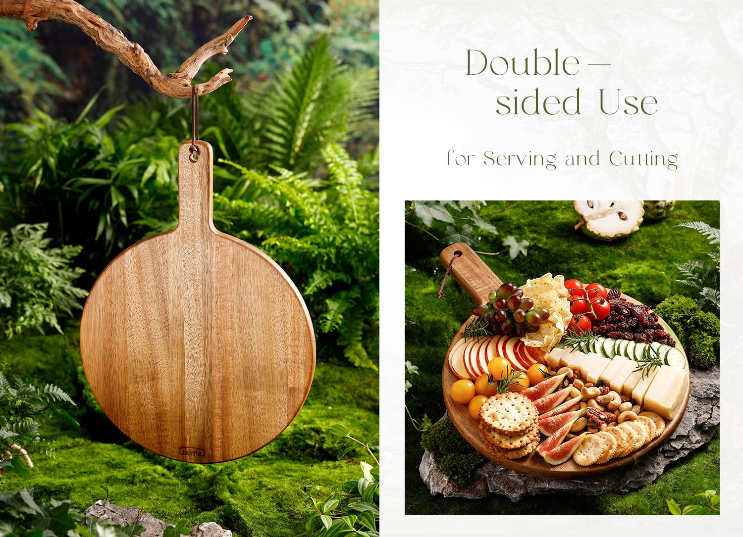 Luomal Round Wood Cutting Board with Handle, 12" Acacia Wooden Serving Board for Kitchen, Cheese Charcuterie Board for Meat, Bread, Pizza, Vegetables & Fruits (Gift Box Included)