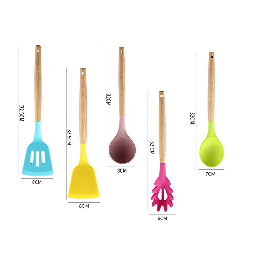 LMMDP 15 Piece Set of Cooking Green Silicone Kitchenware Shovel Spoon Kitchenware Tool Spoon Storage Bucket Set