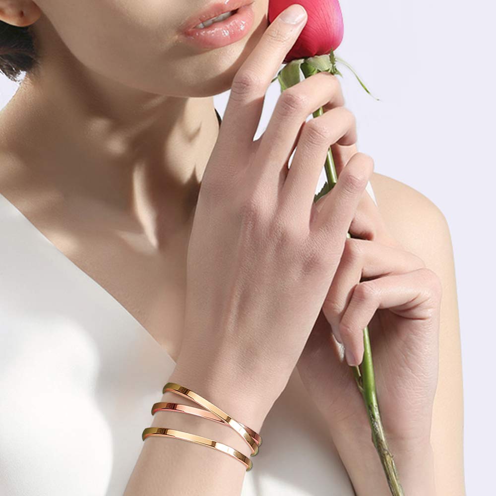 Lolalet Thin Open Cuff Bracelet, Christmas Gift for Girlfriend Wife Mom, 18K Gold Plated Couples Oval Love Bracelets, Plain Polished Finish Open Cuff Bangle Jewelry Gift for Men Women -2 Pack