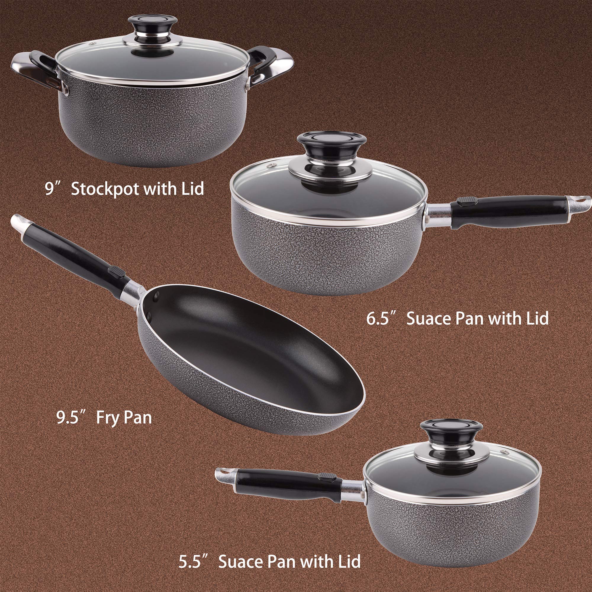 Lake Tian Nonstick Cookware Pots and Pans Set/Cookware Sets/Frying Pan Set/Sauce Pans Set With Glass Lids Dishwasher Safe, Non Stick Cookware Set Black (7 piece SET)
