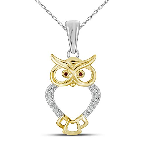 Saris and Things Women's Solid 10kt Yellow Gold Round Red Color Enhanced Diamond Owl Bird Animal Pendant 1/20 Cttw