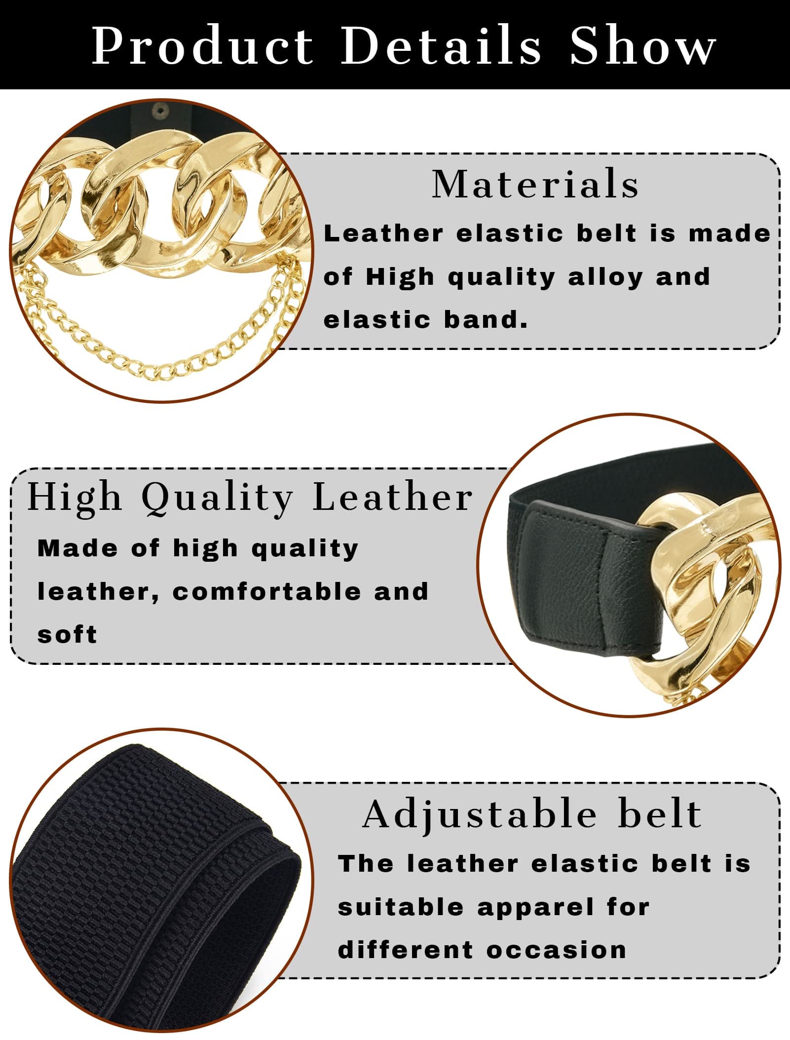 Pinra Leather Elastic Belts for Women Punk Stretchy Chain Belts Thick Black Belt with Gold Chain for Dress 70cm