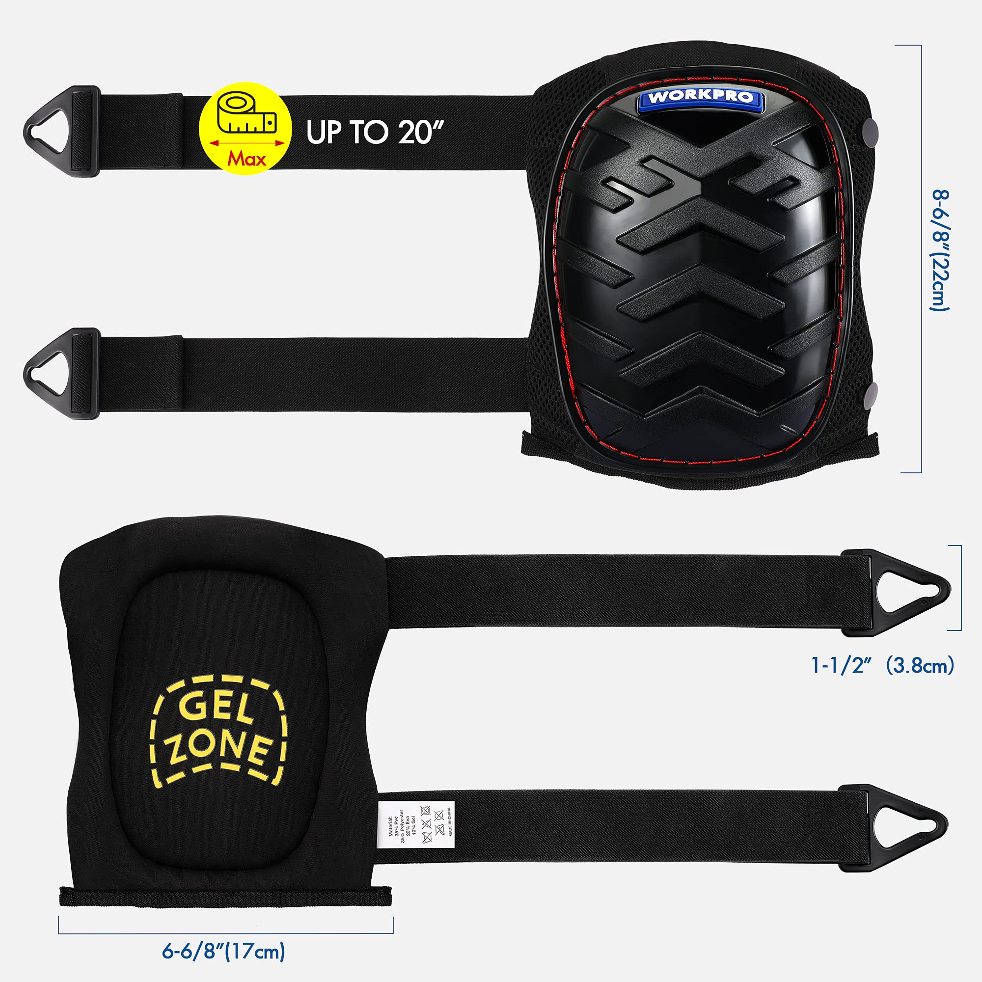 WORKPRO Knee Pads for Construction - Safety Kneepads with Ergonomic Gel Cushion and Foam Padding, Adjustable Buckle Straps and Durable Buttons, Ideal for Work Flooring Gardening