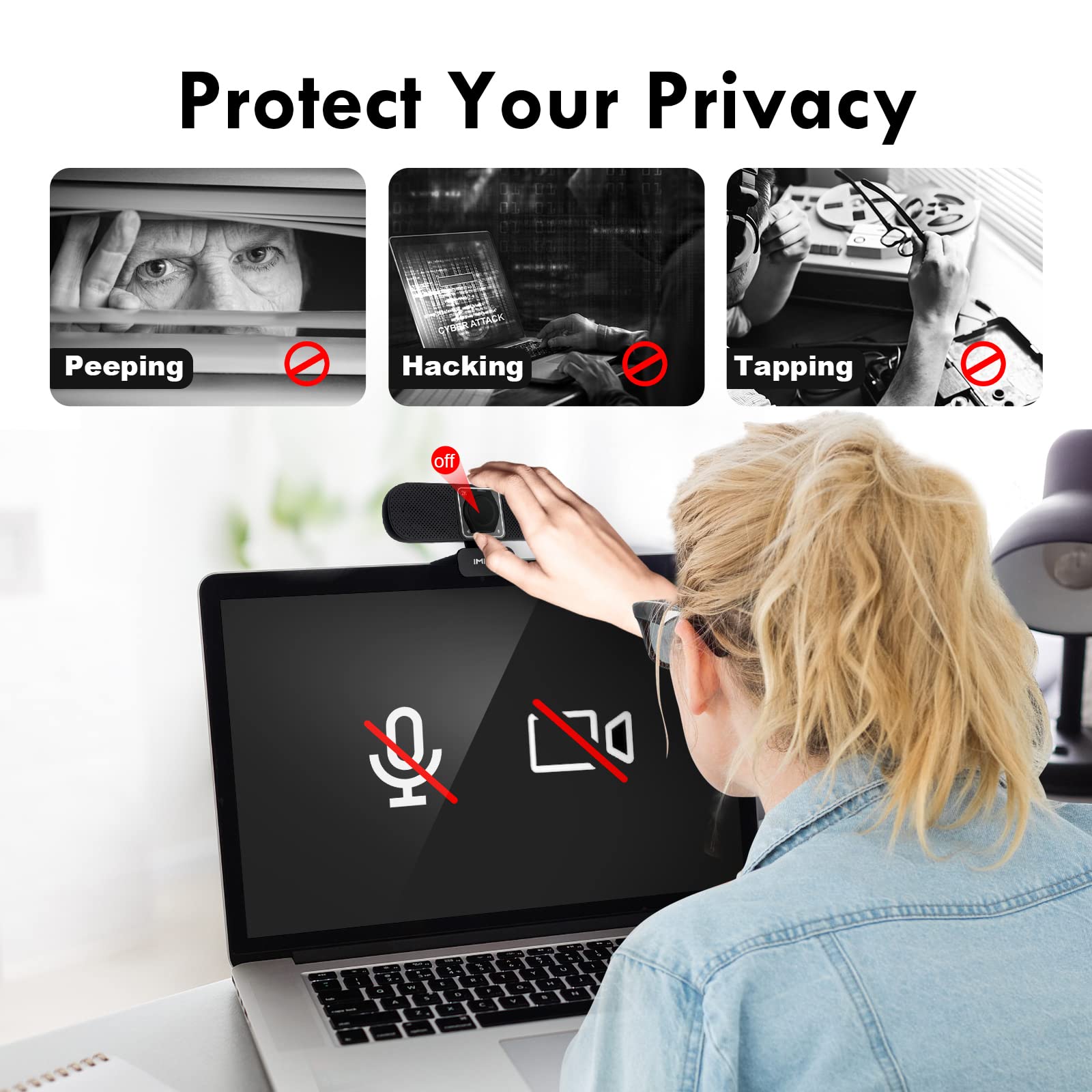 USB C Webcam, 2K Webcam with Microphone and Speaker, 3 in 1 Webcam with Auto Focus and White Balance, 90°Wide FoV, Laptop Camera with Privacy Cover, Plug & Play for Conference/Streaming/Video Calls