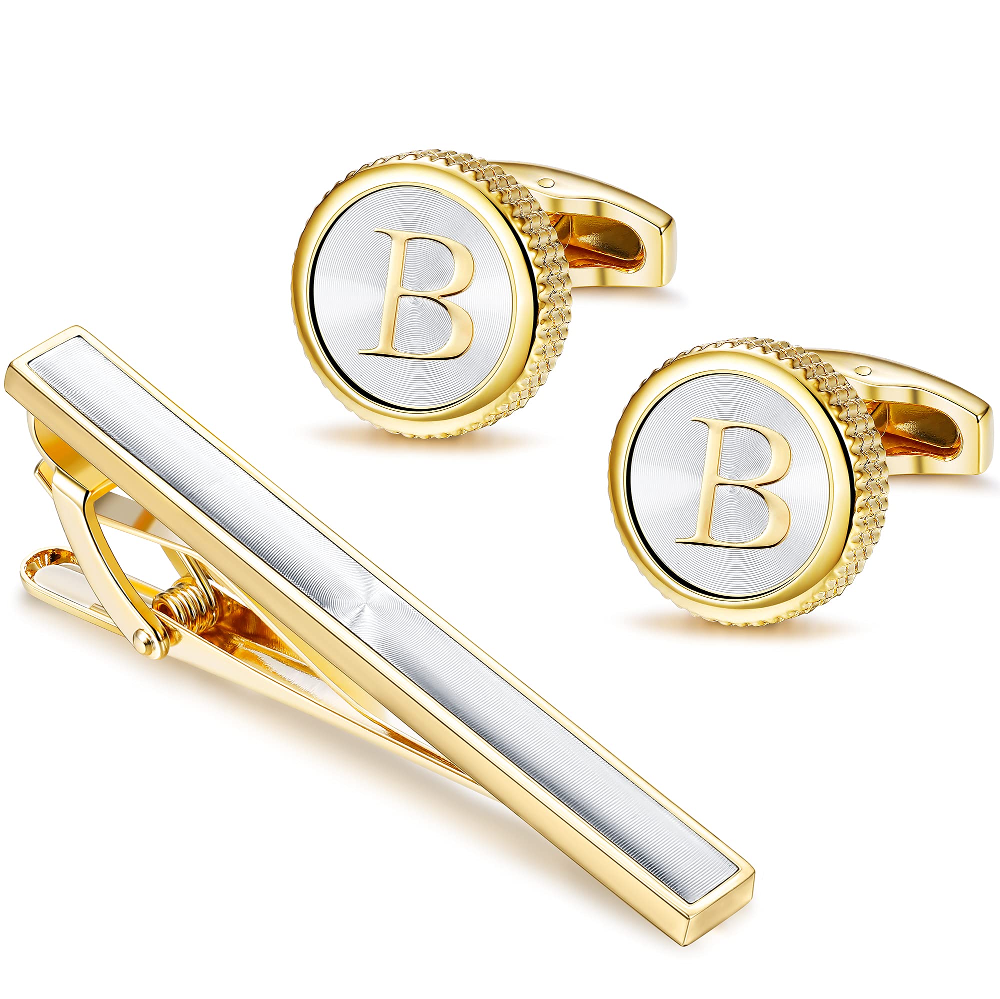 LOLIAS Mens Cufflinks Tie Bar Clip Set Alphabet Letter Cufflinks Formal Business Wedding Shirts Gift Box,B
