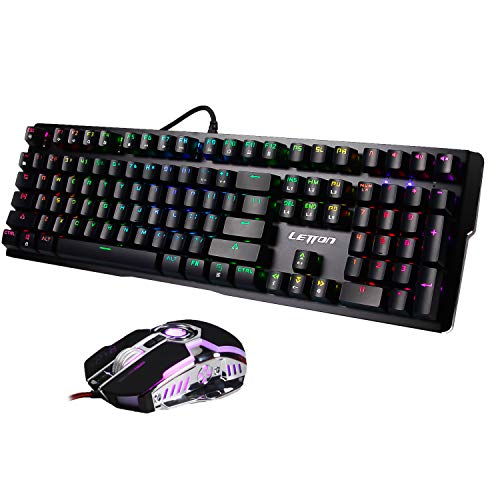 Mechanical Gaming Keyboard and Mouse Combo, Blue Switch Full Size Wired Gaming Keyboard with Colorful Backlit, 1600 DPI Gaming Mouse for Windows PC Gamers