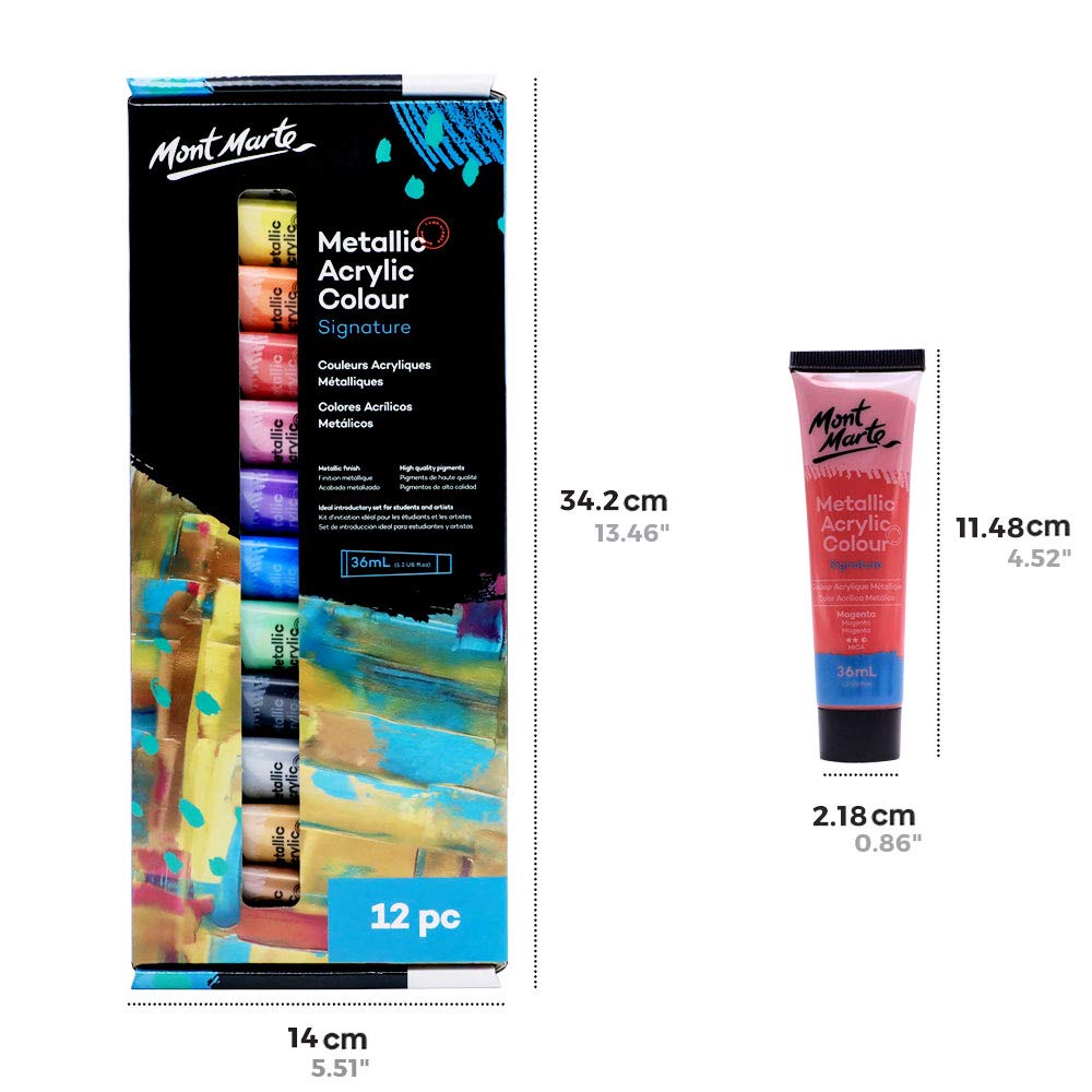 Mont Marte Premium Metallic Acrylic Paint Set, 36 x 1.02oz (36ml) Tubes, 36 Colors, Suitable for Most Surfaces Including Canvas, Card, Paper and Wood
