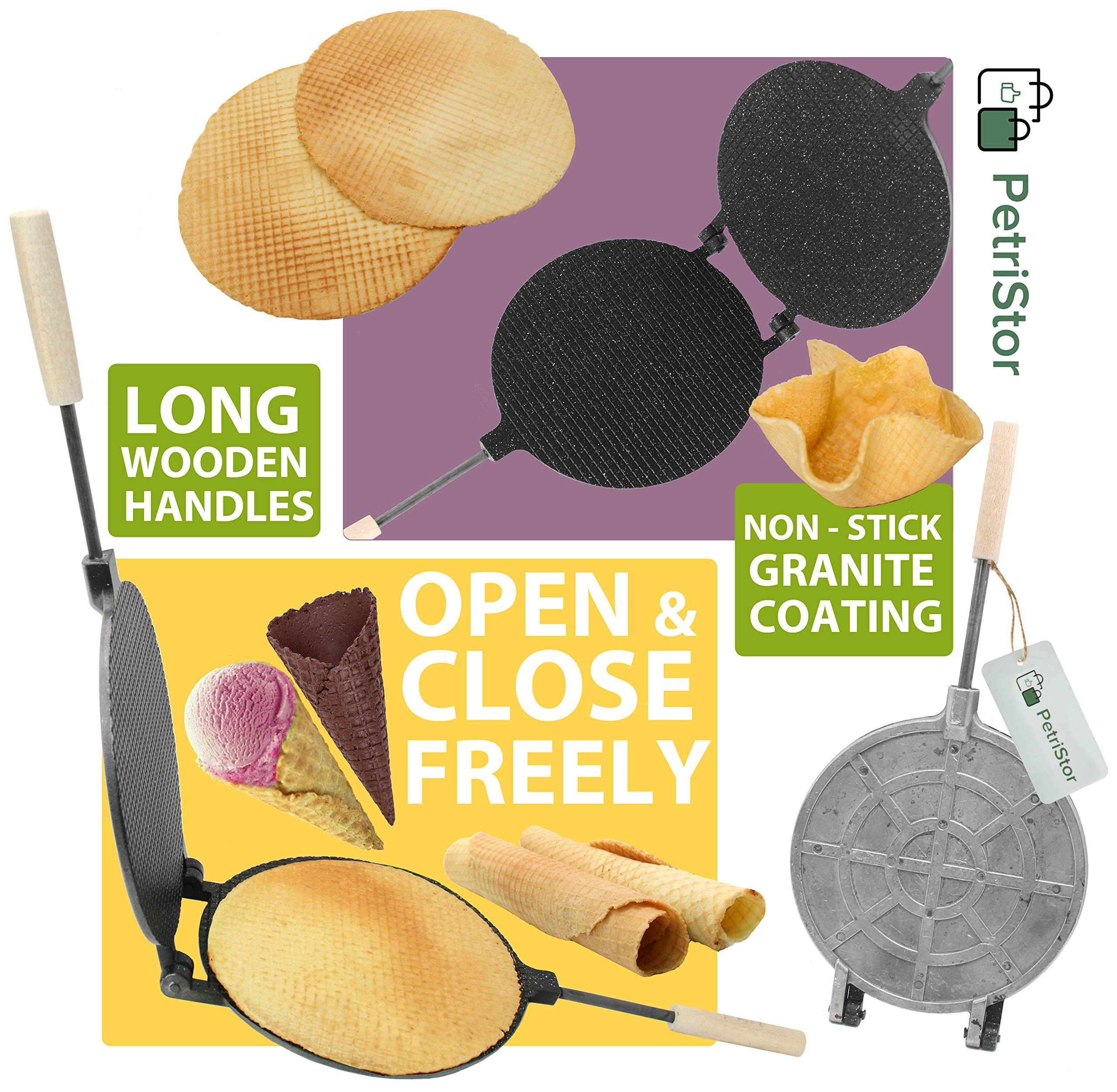 PetriStor Waffle Maker Round Has Nonstick Coating Size 8 in - Waffle Cone Maker - Krumkake Iron - Wafer Maker - Waffle Cone Maker Machine - Stroopwafel Maker - Ice Cream Cone Maker