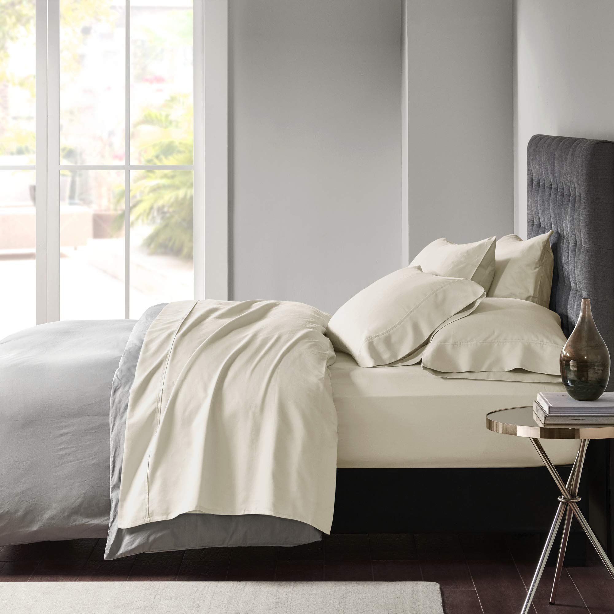 Madison Park 800 Thread Count Luxurious Wrinkle Free Breathable Cotton Rich Sateen 6 Piece Sheet Set, King Size, Ivory