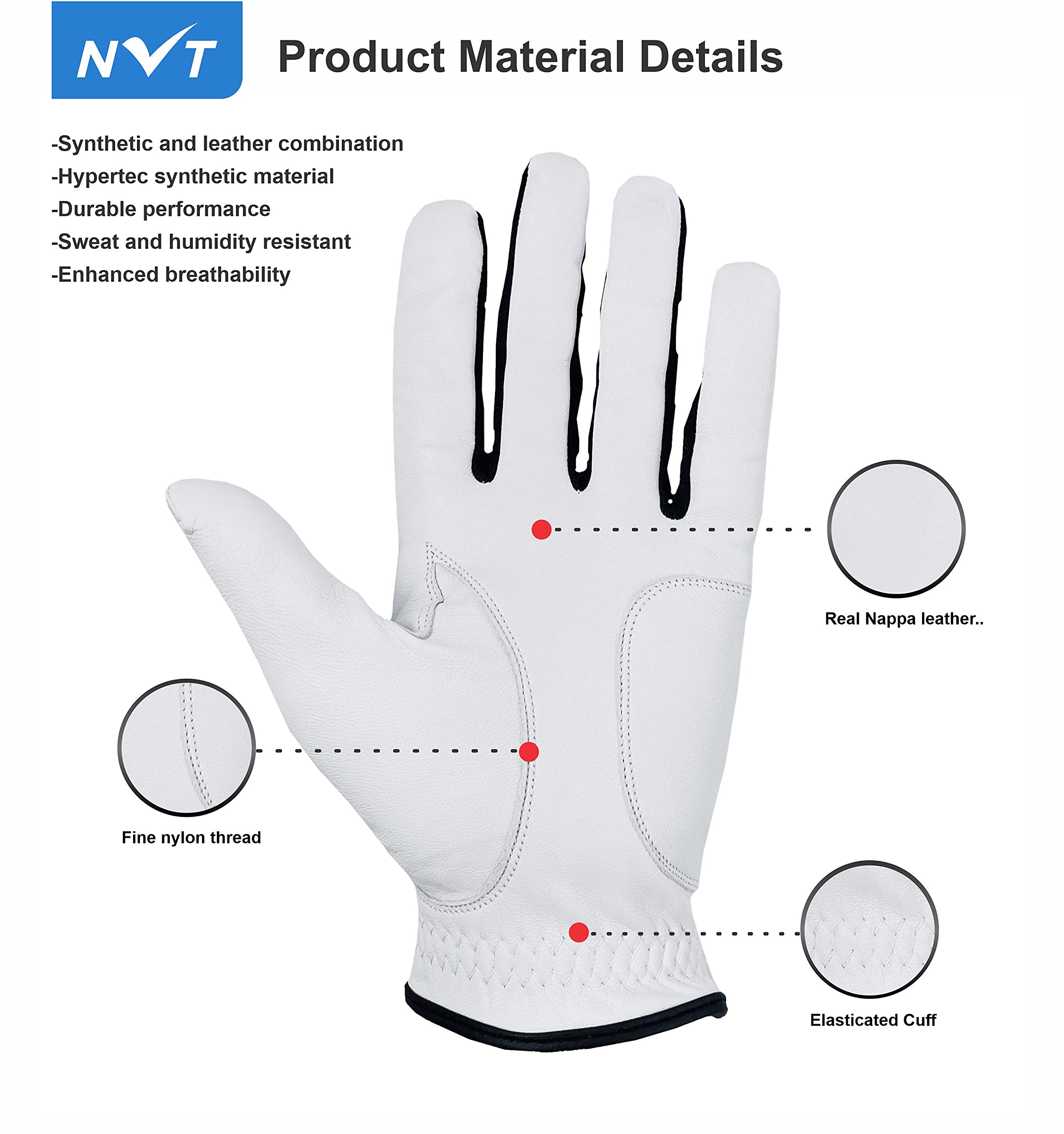 NVT Premium Pro Player Cabretta Leather Golf Glove, Stable Grip Men Golf Gloves, Left Hand (Large L Size).