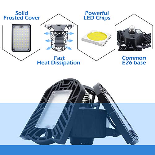 LED Garage Lights 60W, Adjustable Garage Lighting Bulbs with 3 Leaves, E26 Base, 6000 Lumens for Garage, Shop, Barn, Warehouse, Factory, Workshop.etc.