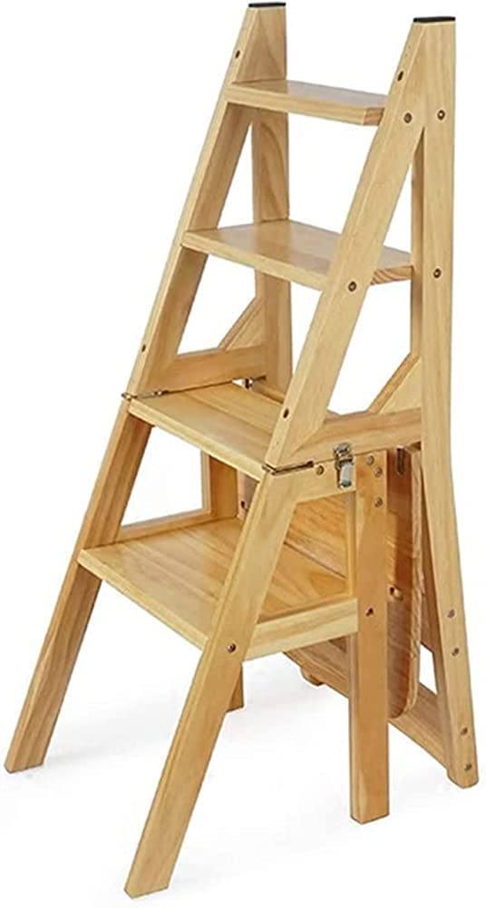 LUCEAE Step Stool Wooden Folding Step Stool Portable Wide Tread Non-Slip Step Chair,Multi-Purpose Step/Stair Chair Home Library 4 Step Closet/Bedroom/Closet/Bedroom Step Stool