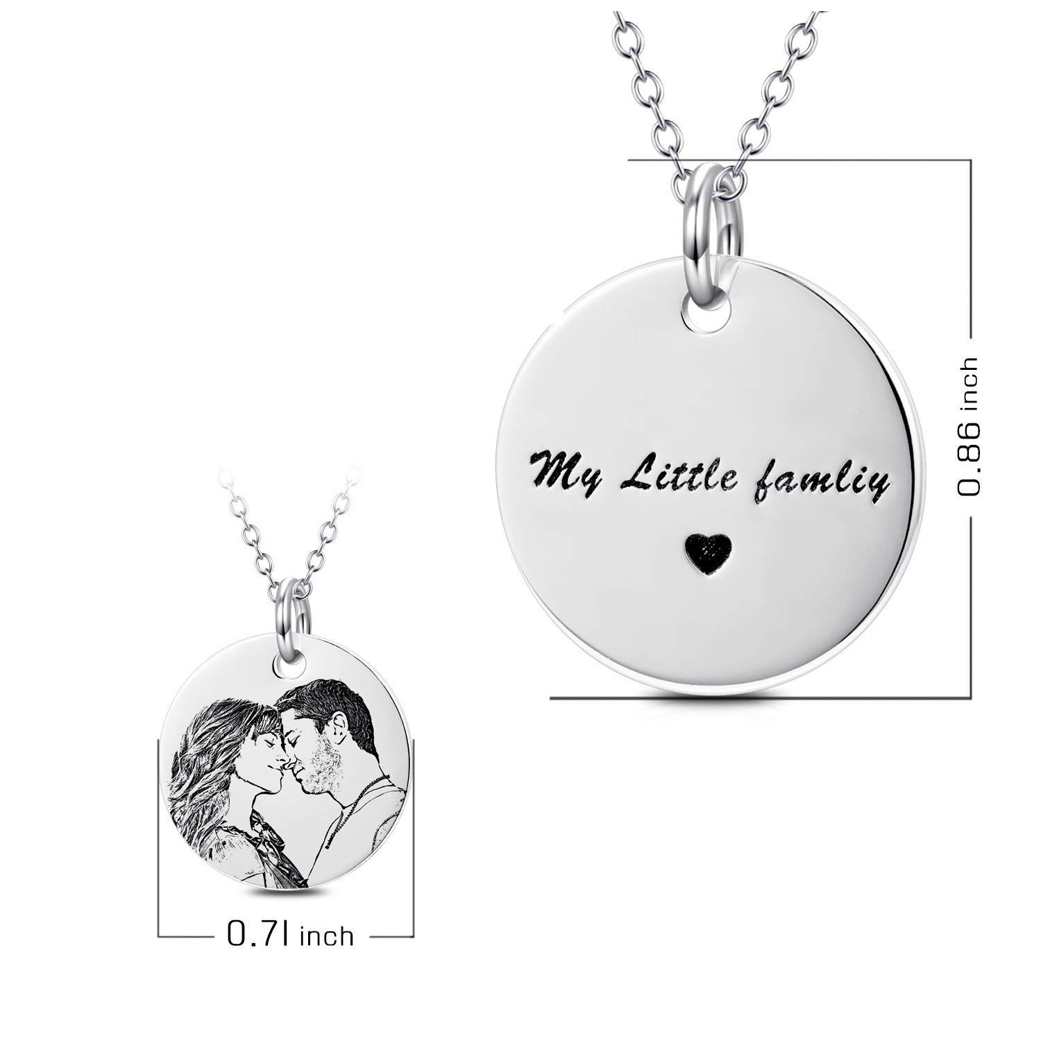 LONAGO Personalized Photo Necklace Sterling Silver Custom Engraved Picture Image Necklace Pendant Black and White Color Gifts (small circle)