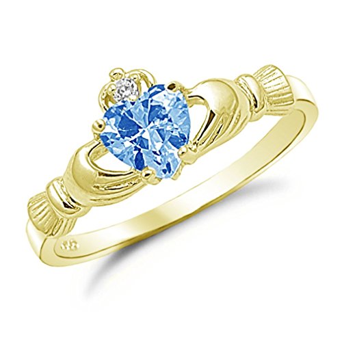 Kriskate & Co. Gold Tone Sterling Silver Simulated Aquamarine Claddagh Ring Size 7