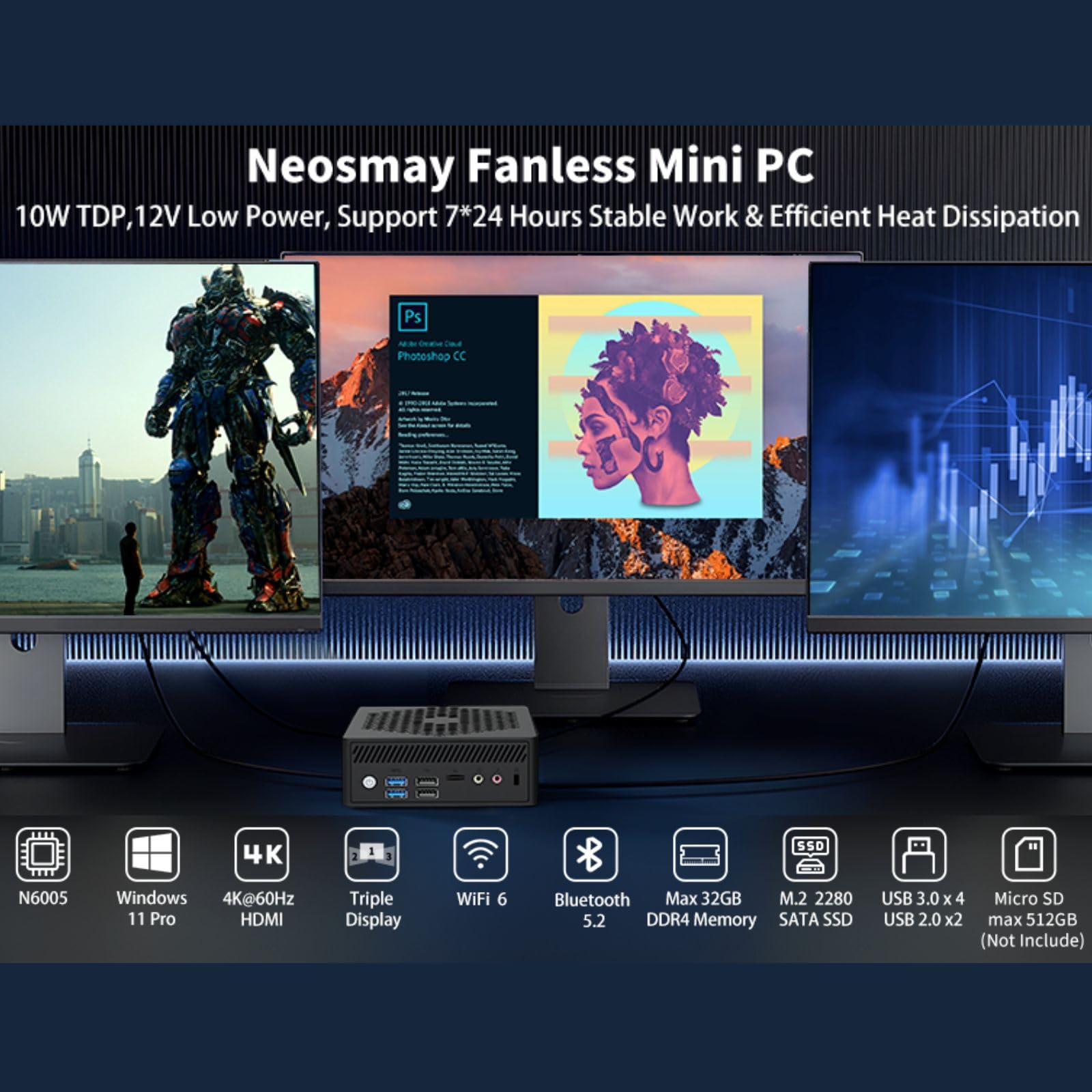 NEOSMAY Fanless Mini PC Fanless Desktop Mini Computer Micro PC Pentium N6005 CPU 16GB SODIMM DDR4 RAM 512GB M.2 2280 SATA SSD, Dual Channel, WiFi AX, HDMI/DP/VGA Triple Screen Display